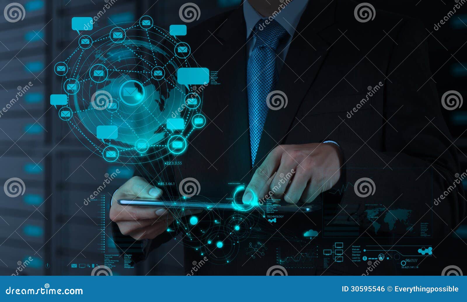Businessman Using Tablet Computer Shows Internet and Social Network ...
