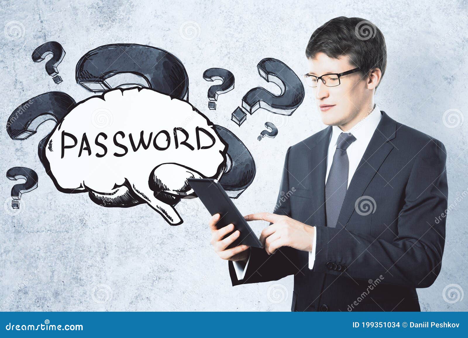 Businessman Using Tablet with Drawing Question Mark and Password Text ...