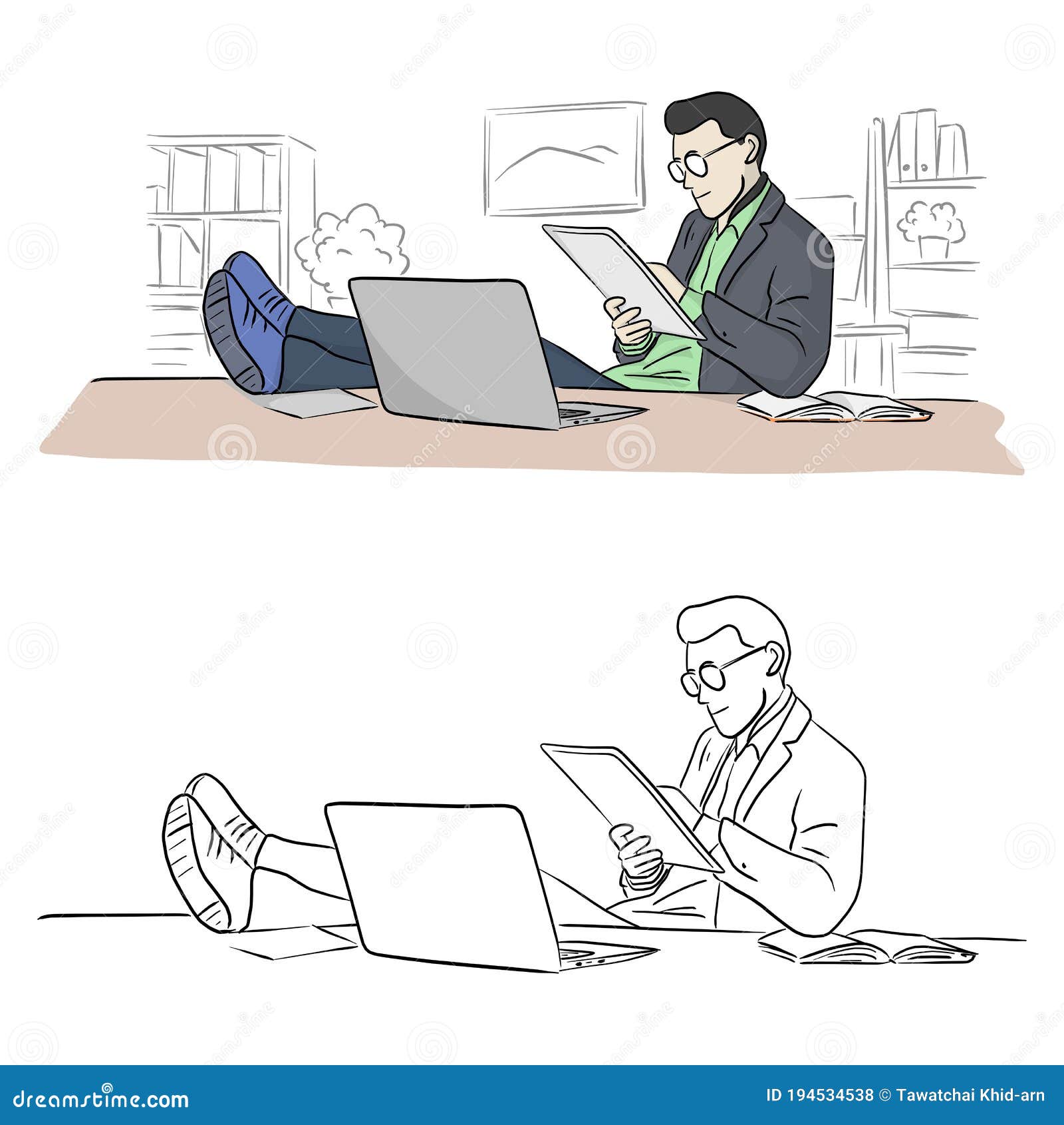 Businessman Using Tablet PC and Laptop Computer with Leg on Table ...