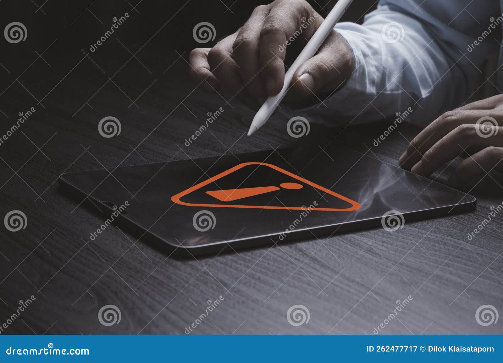 Businessman Using Tablet with Red Triangle Caution Warning Sign for ...