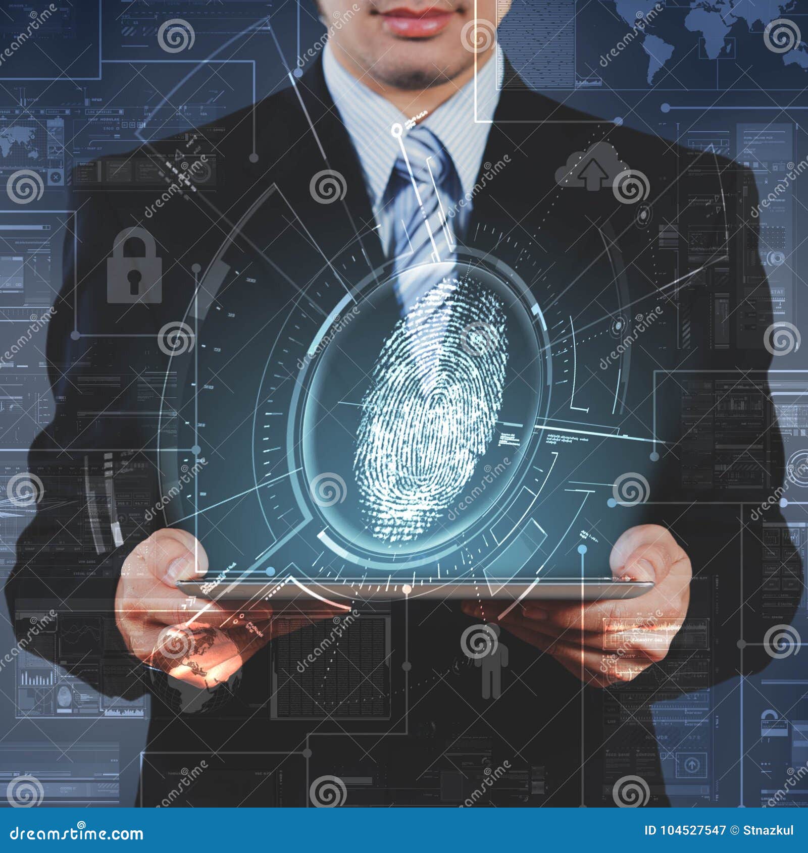 Businessman Using Tablet Showing Finger Print Recognition Techno Stock Illustration