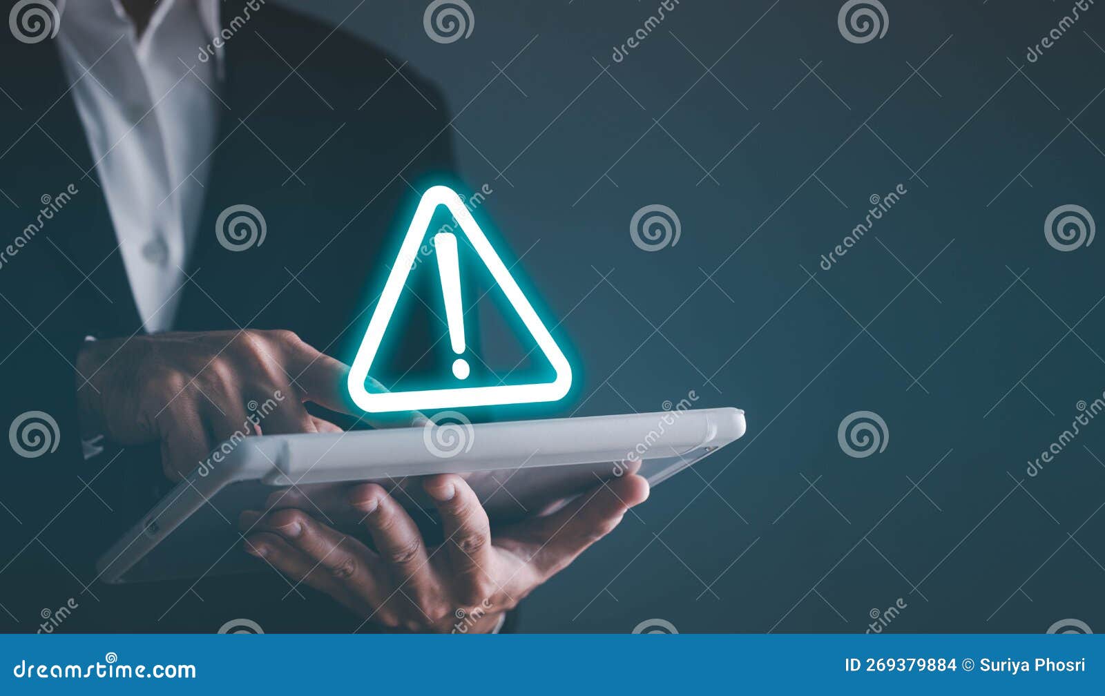 Businessman Using Tablet with Triangle Caution Warning Sing for ...