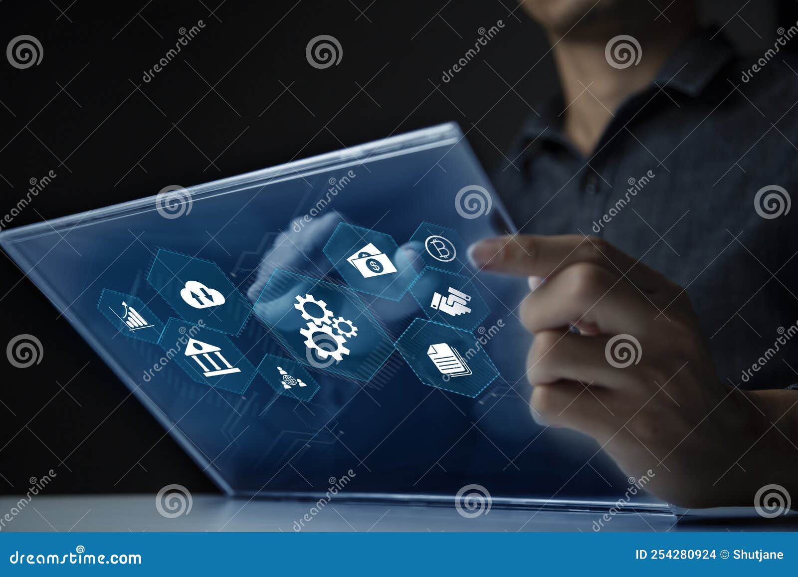 Businessman Using Tablet and Virtual Touch Screen To Online Transactions with Internet ...