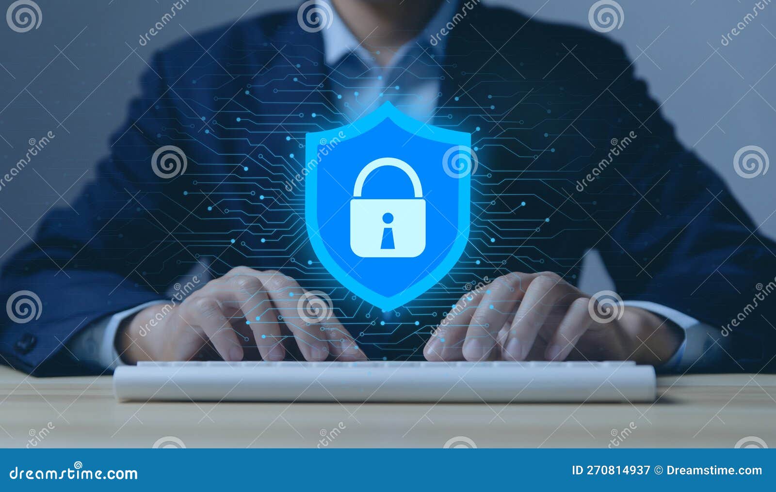 Businessman Using Virtual Computer Screen Showing Shield Icon with Lock ...