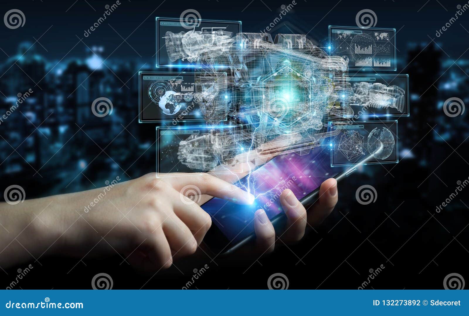 Businessman Using Wireframe Holographic 3D Digital Projection of Stock ...