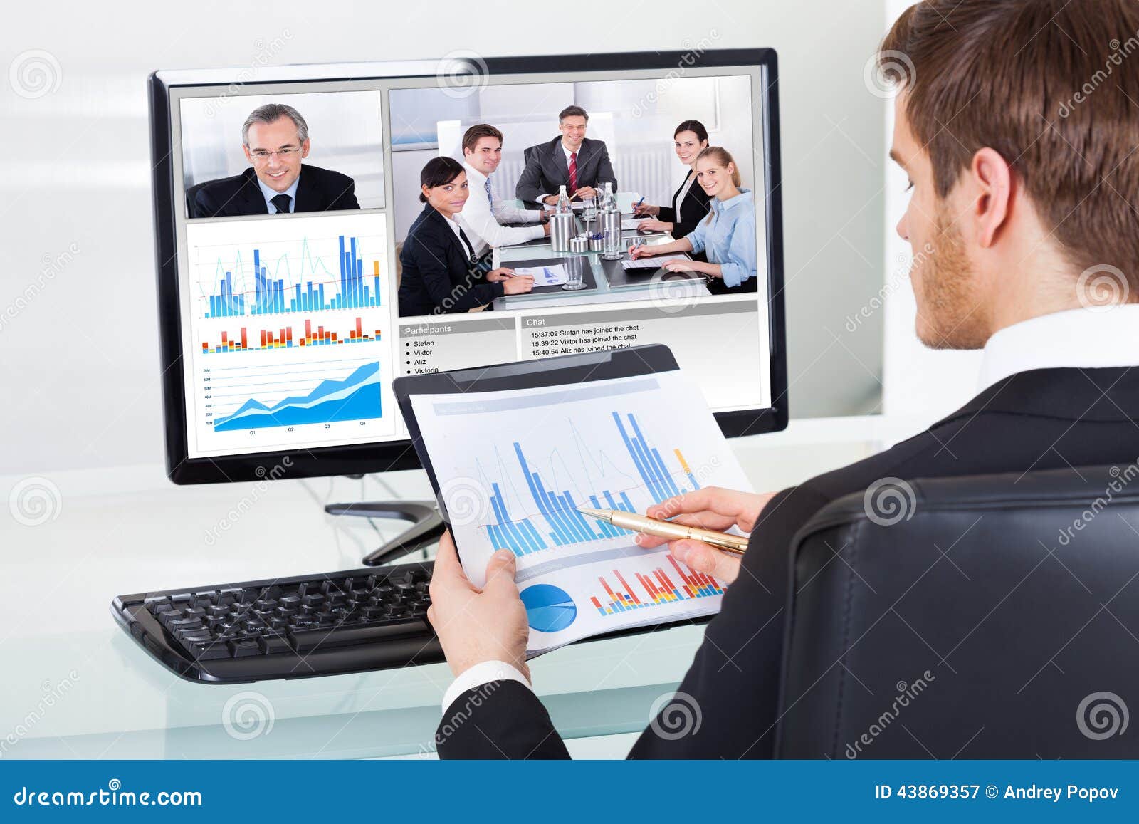 Businessman Video Conferencing with Colleagues Stock Image - Image of ...