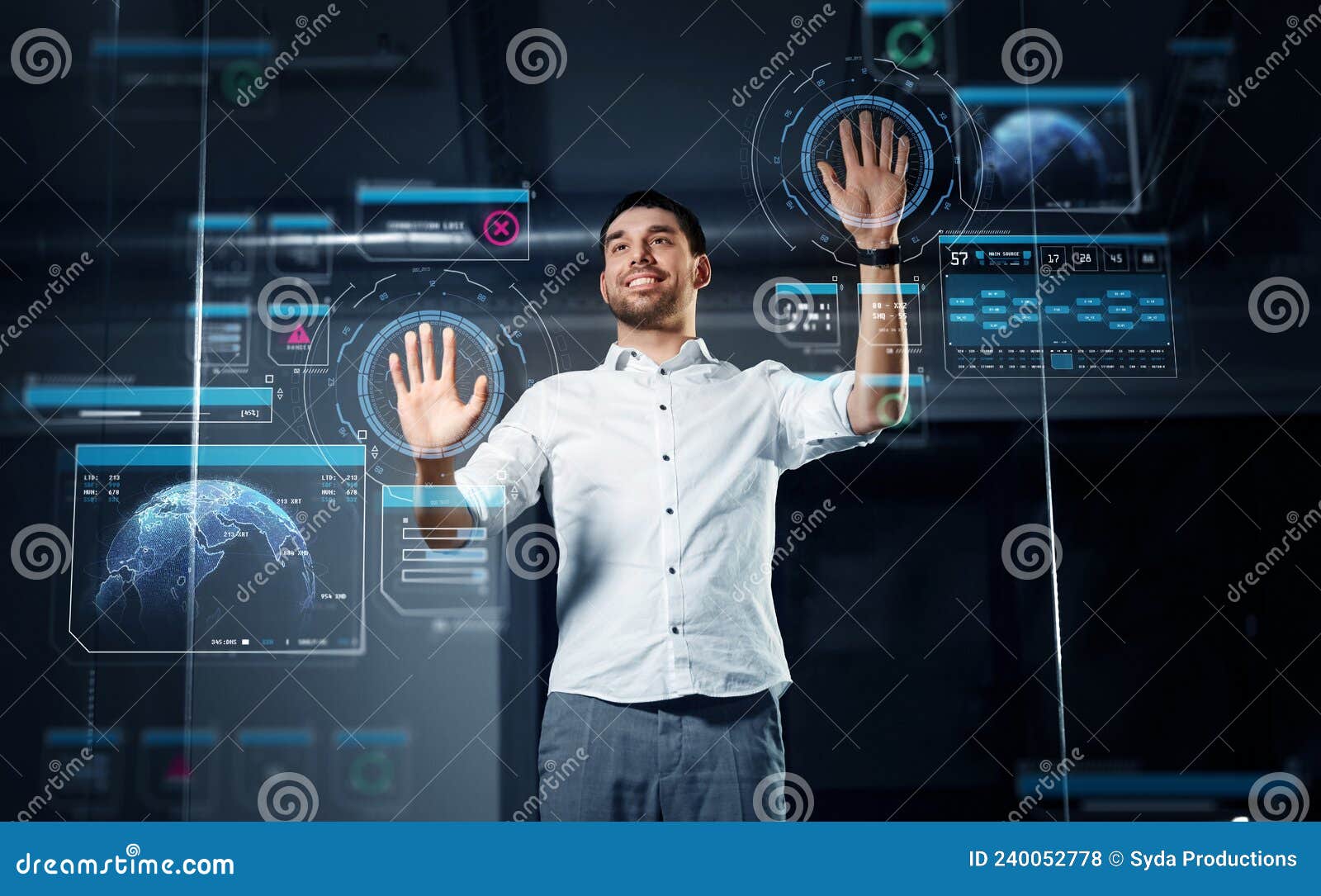 Businessman with Virtual Projections on Screen Stock Photo - Image of ...