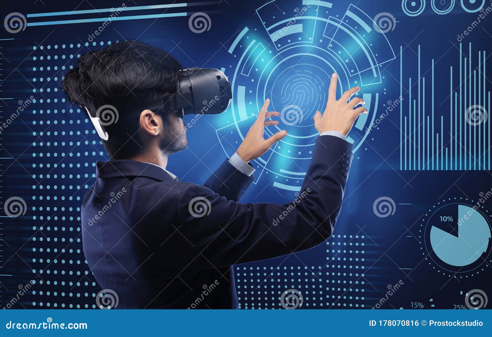 Businessman in Virtual Reality Headset Touching Digital Screen for ...