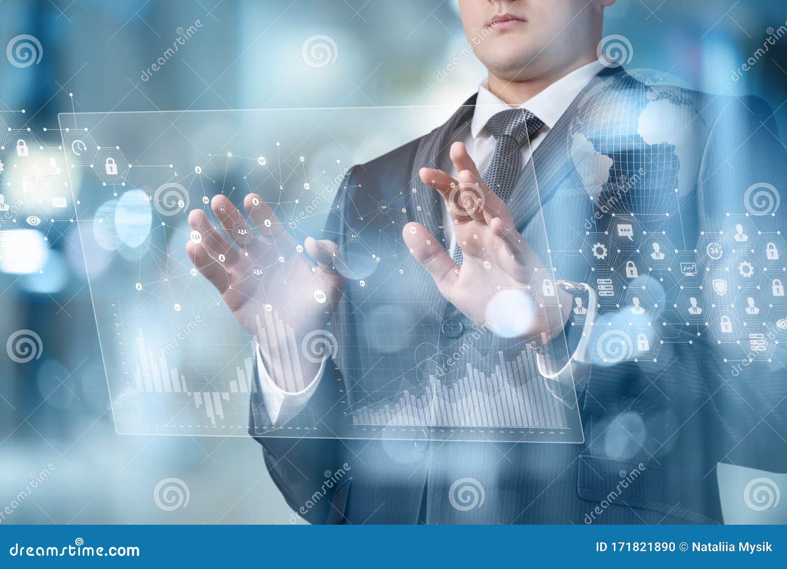 Businessman on a Virtual Screen Analyzes Financial Statistics Stock ...