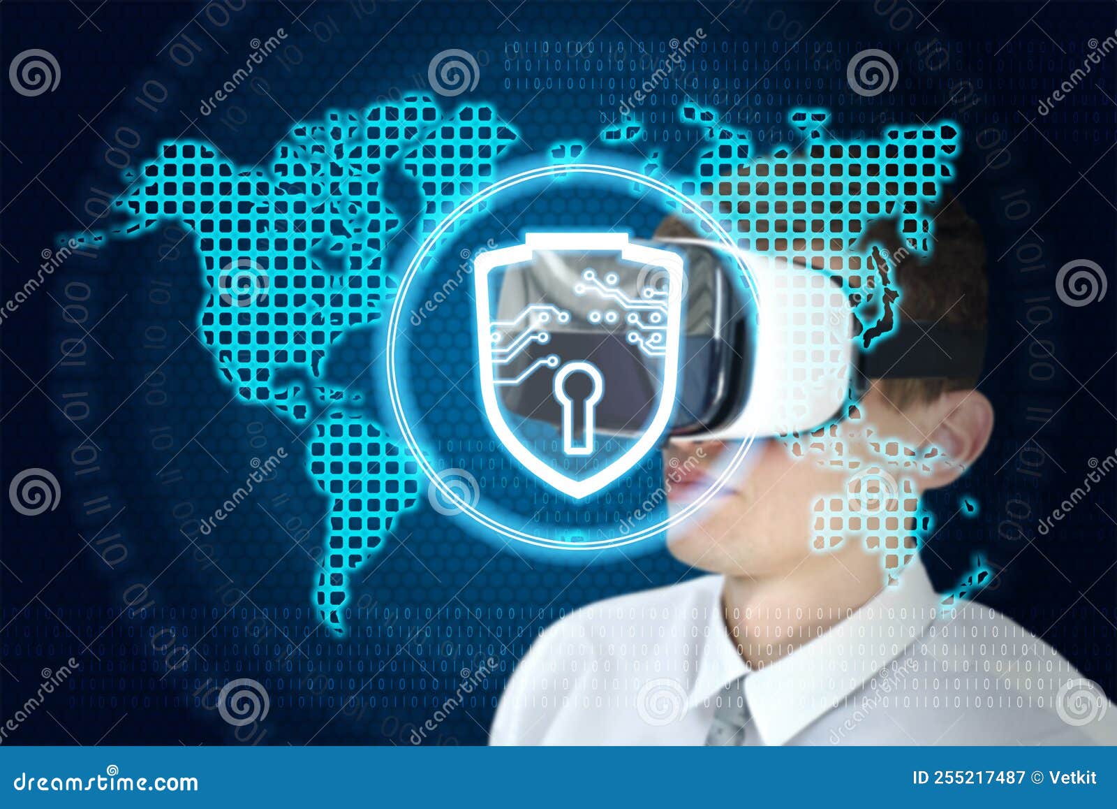 Businessman with VR Glasses and Interface with Digital World Map ...