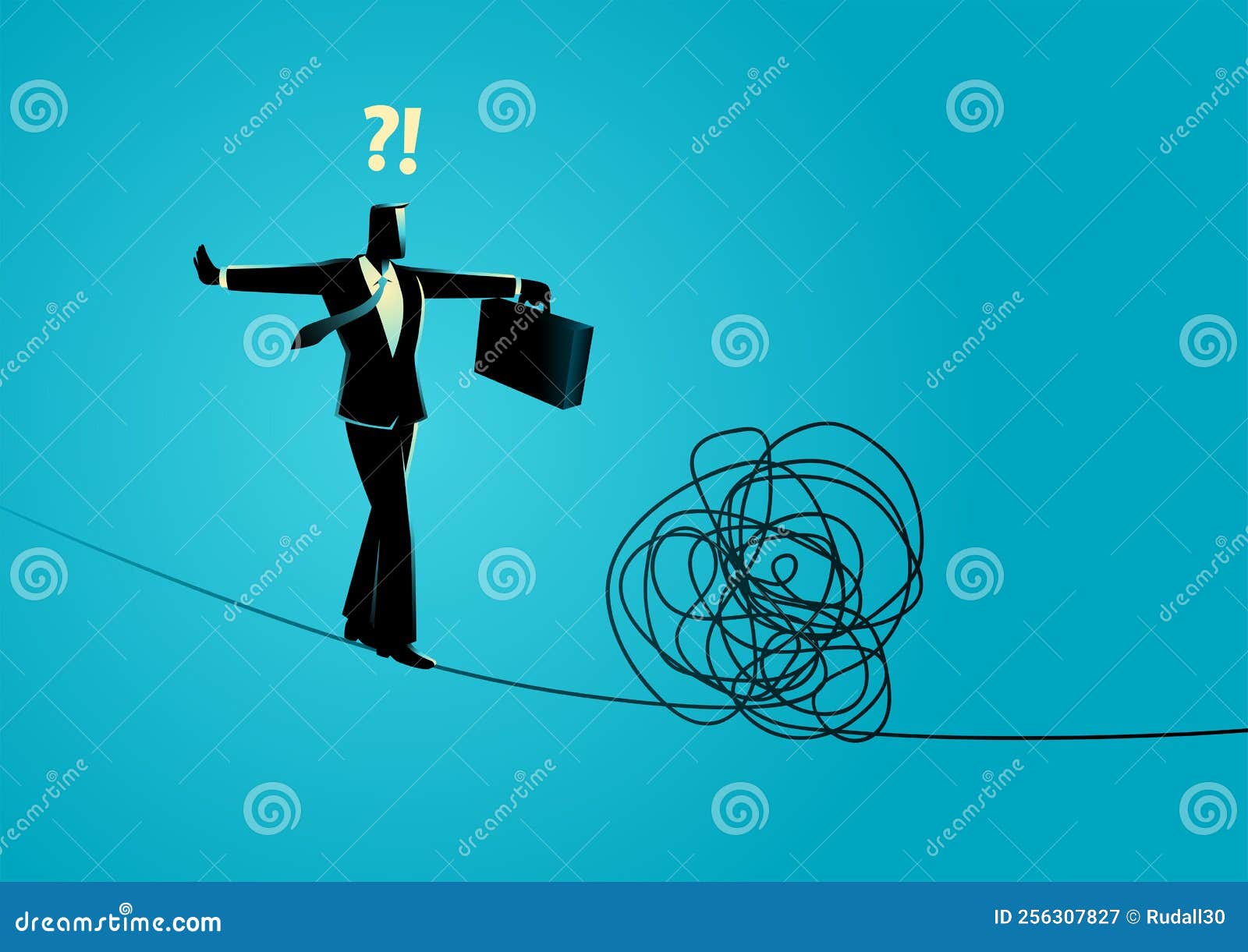 Businessman Walking Cautiously on a Rope and Facing a Tangled Rope in ...