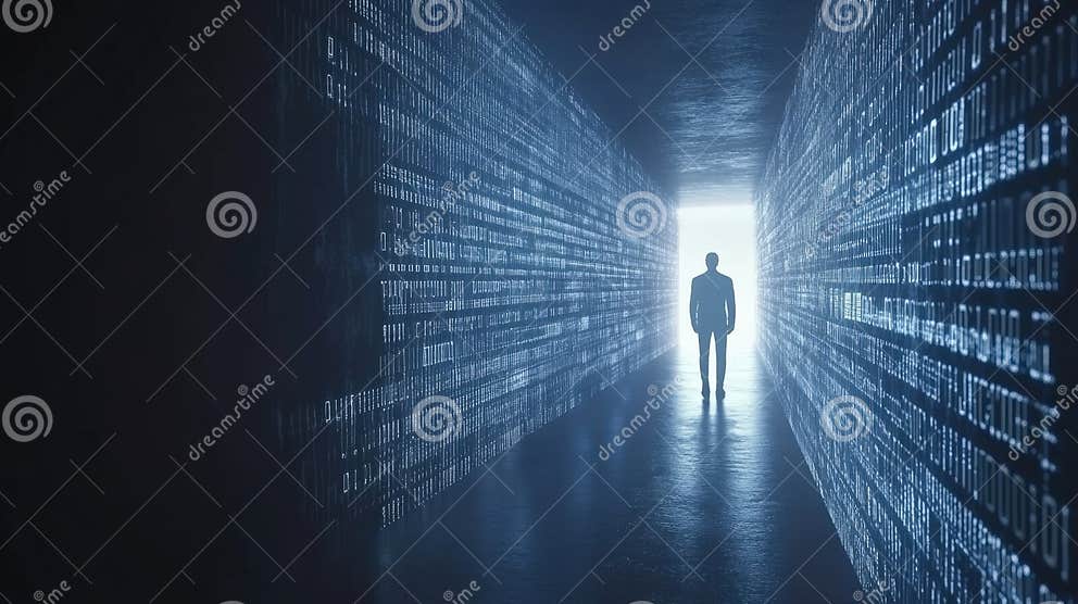 Businessman Walking in Corridor with Binary Code on Walls Stock Photo ...