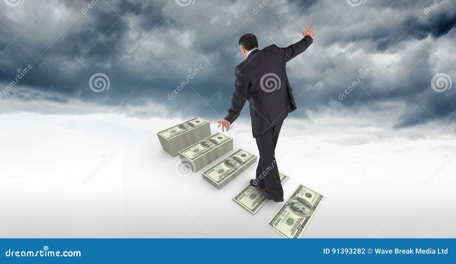Businessman Walking on Money Steps in Sky Stock Photo - Image of ...