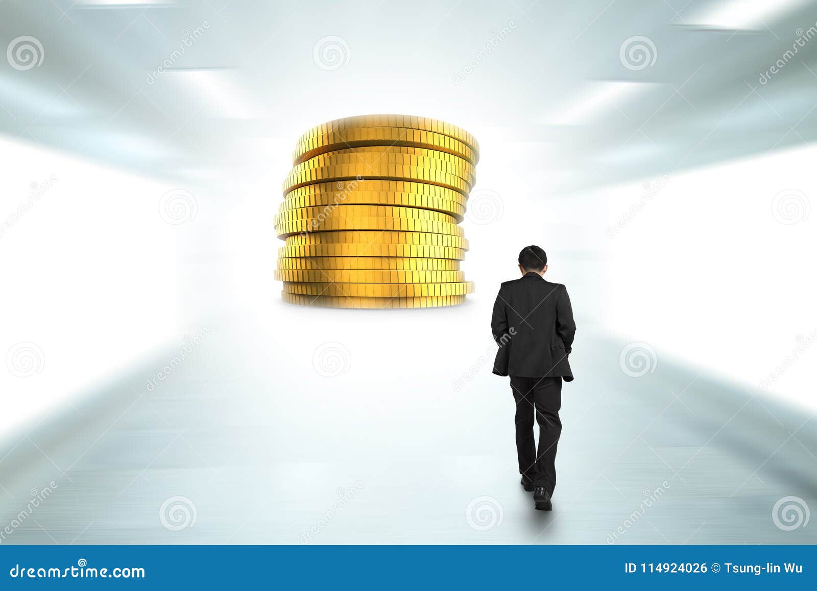 Businessman Walking Toward Stack of Golden Coins Stock Photo - Image of ...