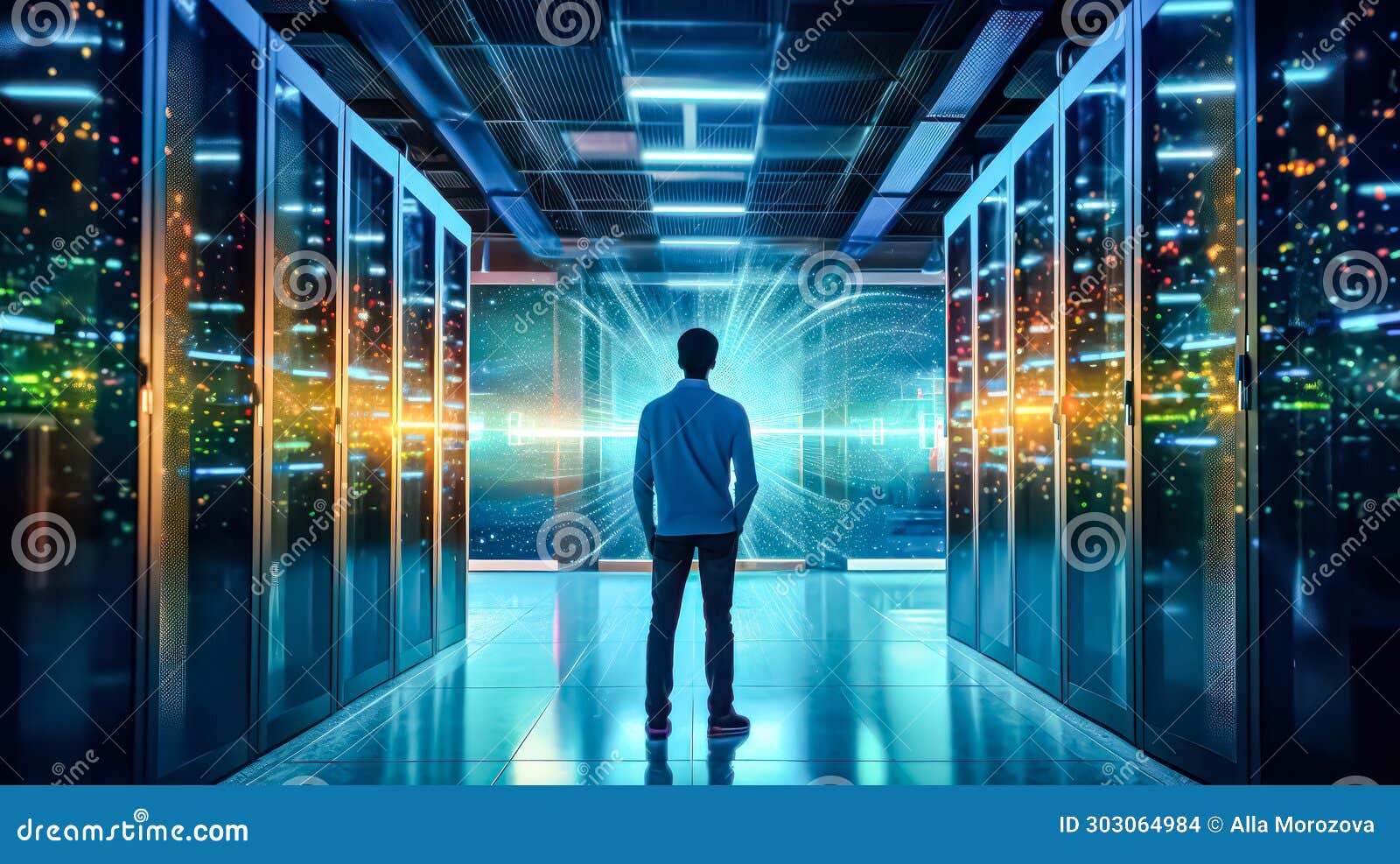 Businessman Walks through Data Center Corridor, Visually Inspecting ...