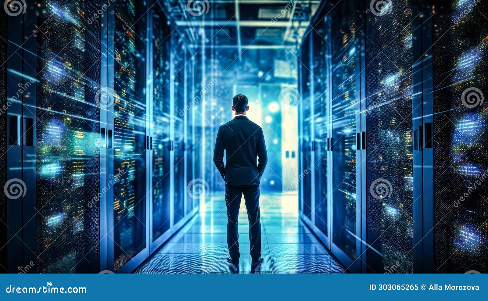 Businessman Walks through Data Center Corridor, Visually Inspecting ...