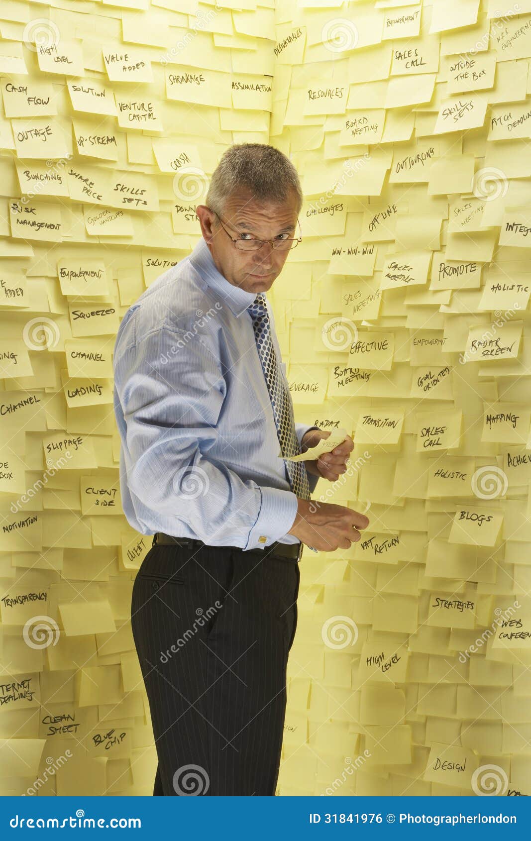 Businessman by Wall Covered in Sticky Notes Stock Photo - Image of ...