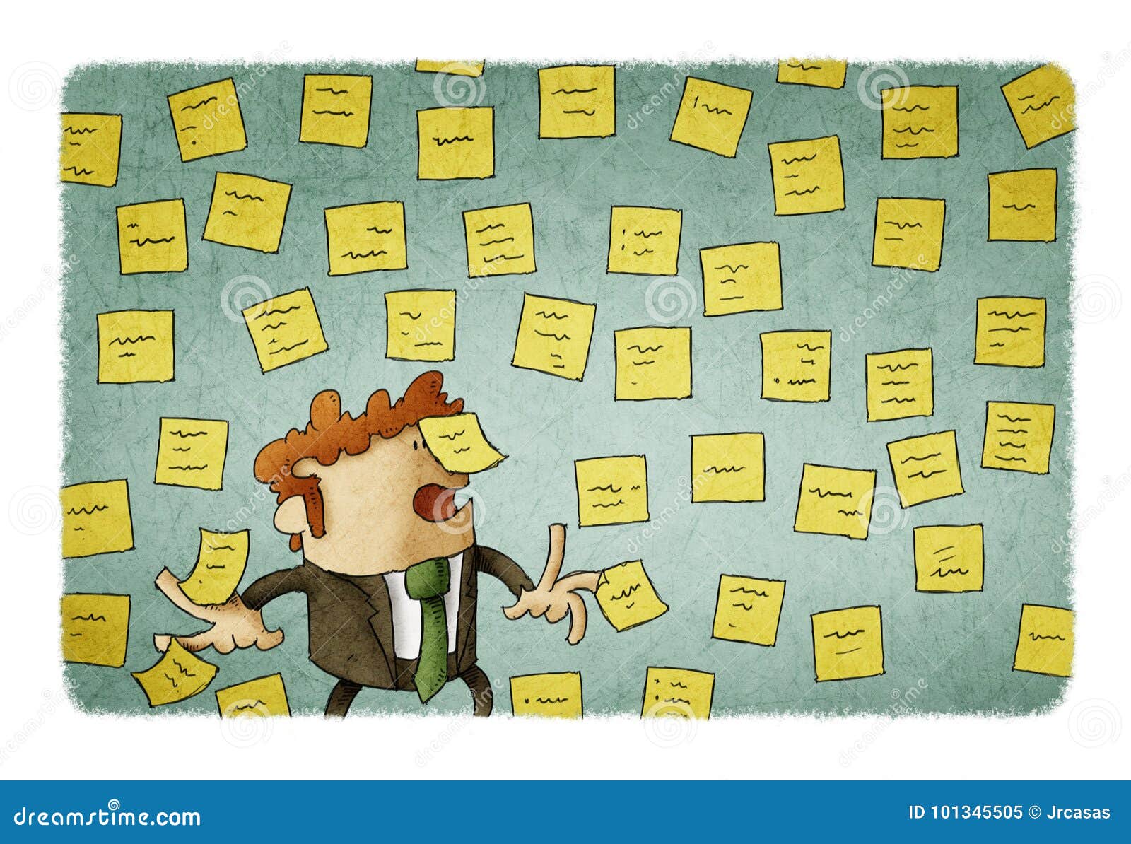 Businessman with Wall Full of Reminder Notes, Concept of a Lot of Work ...