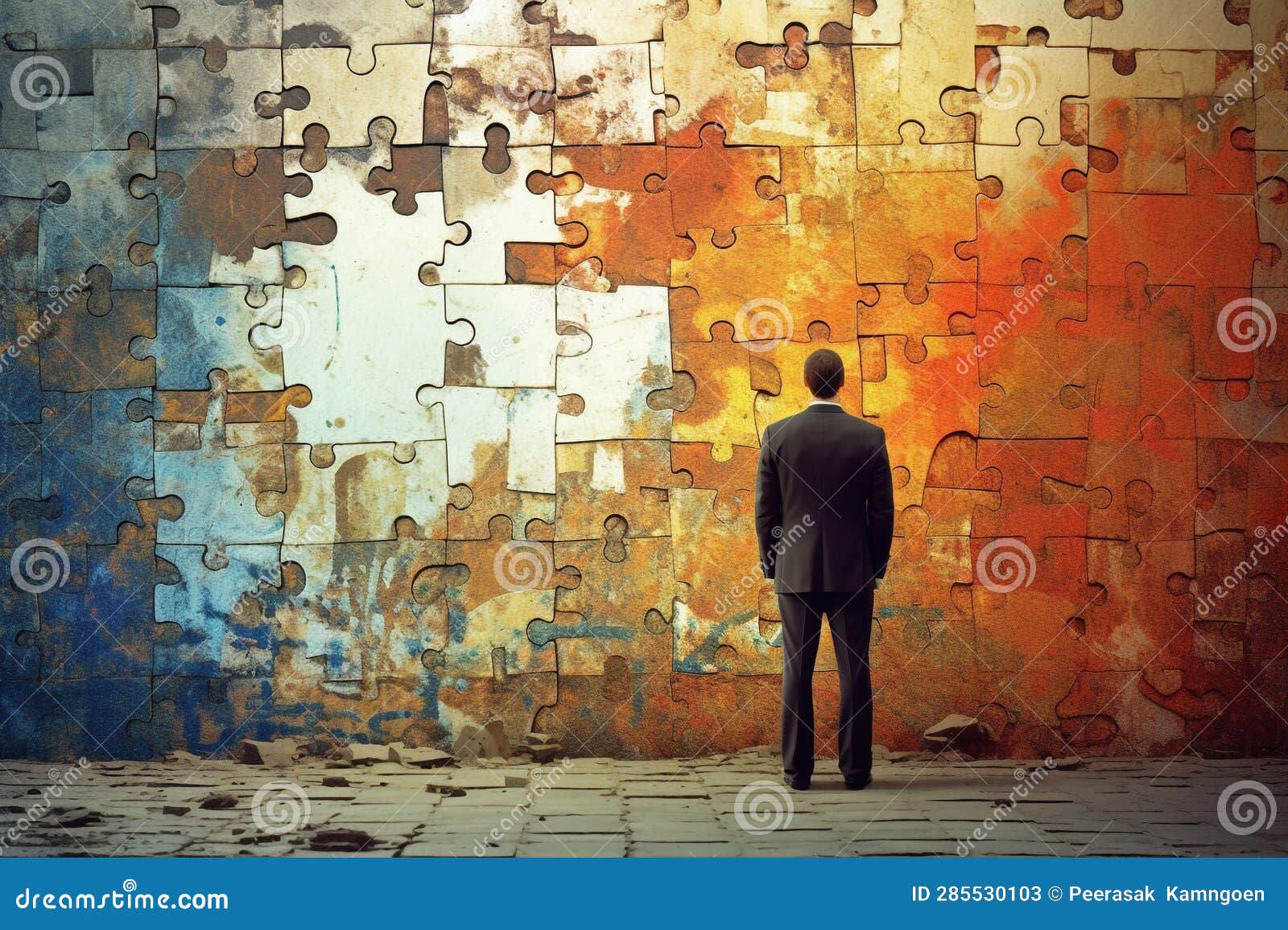 Businessman Watching, Big Puzzle on Wall, Man Looking at Big Puzzle, AI ...