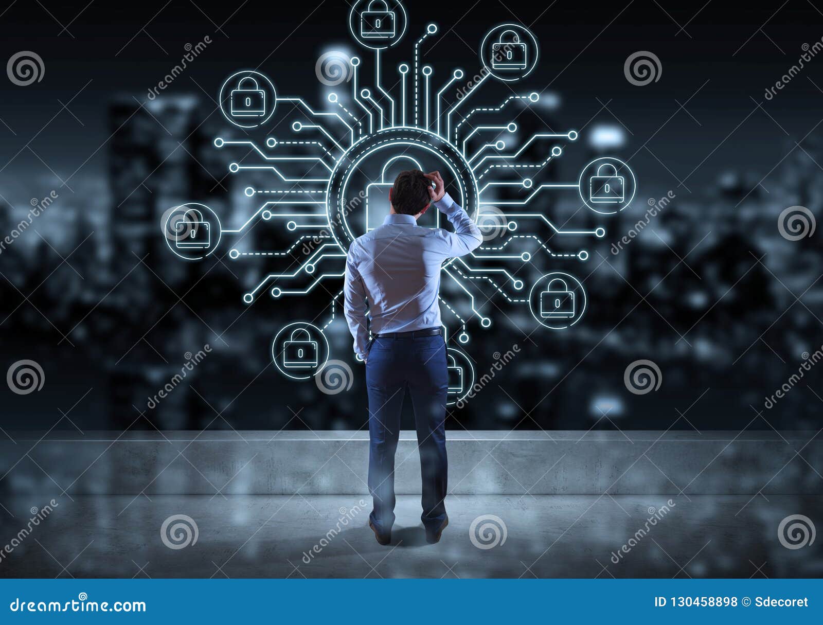 Businessman Watching Thin Line Web Security Interface Stock ...