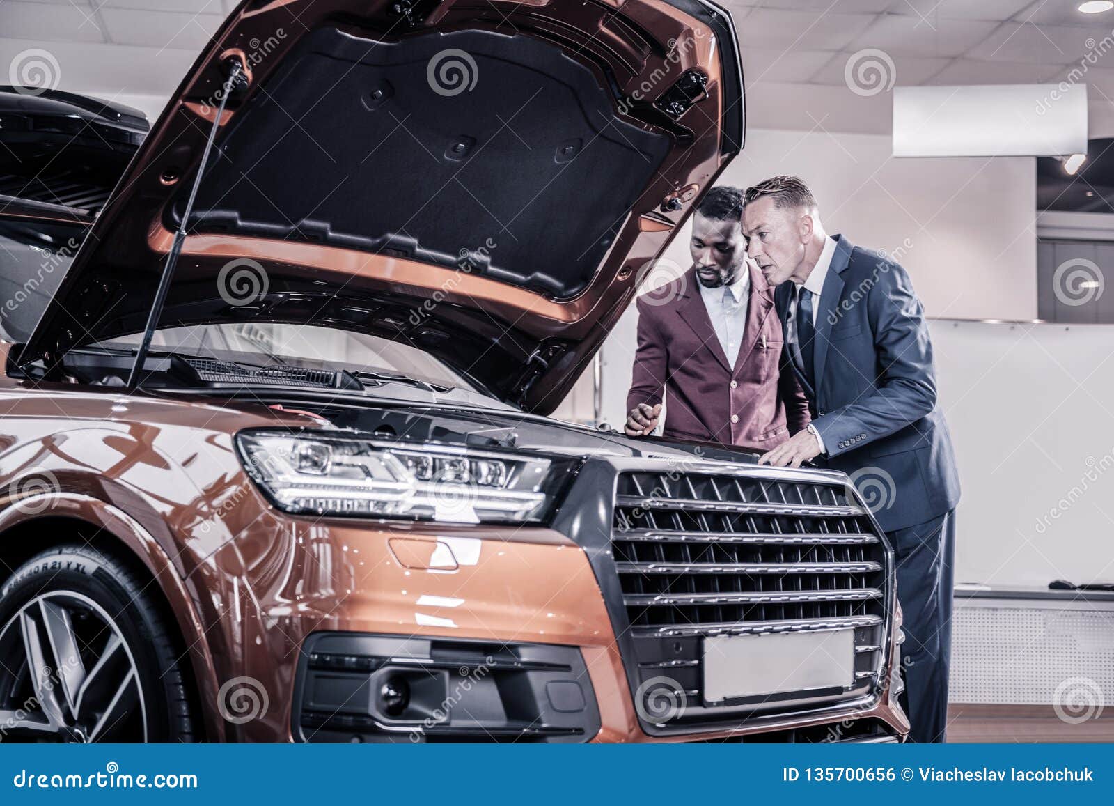 Businessman Wearing Dark Costume Looking into Opened Front Trunk Stock ...