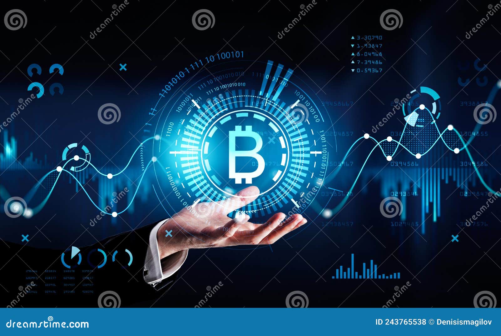 Businessman Wearing Suit is Holding Digital Interface with Bitcoin ...