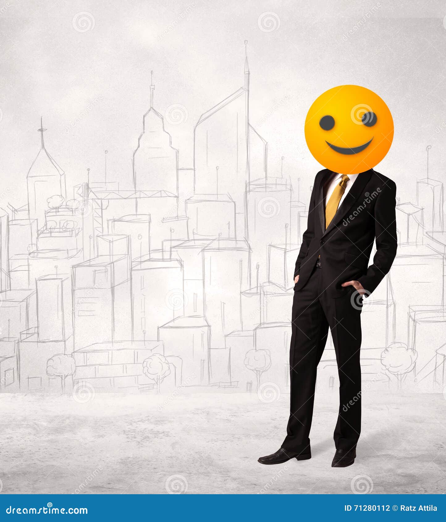 Businessman Wears Yellow Smiley Face Stock Photo - Image of head ...