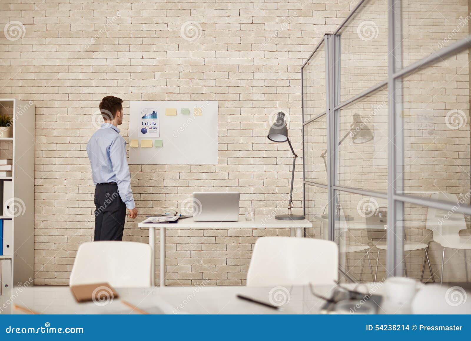 Businessman by whiteboard stock photo. Image of rear - 54238214