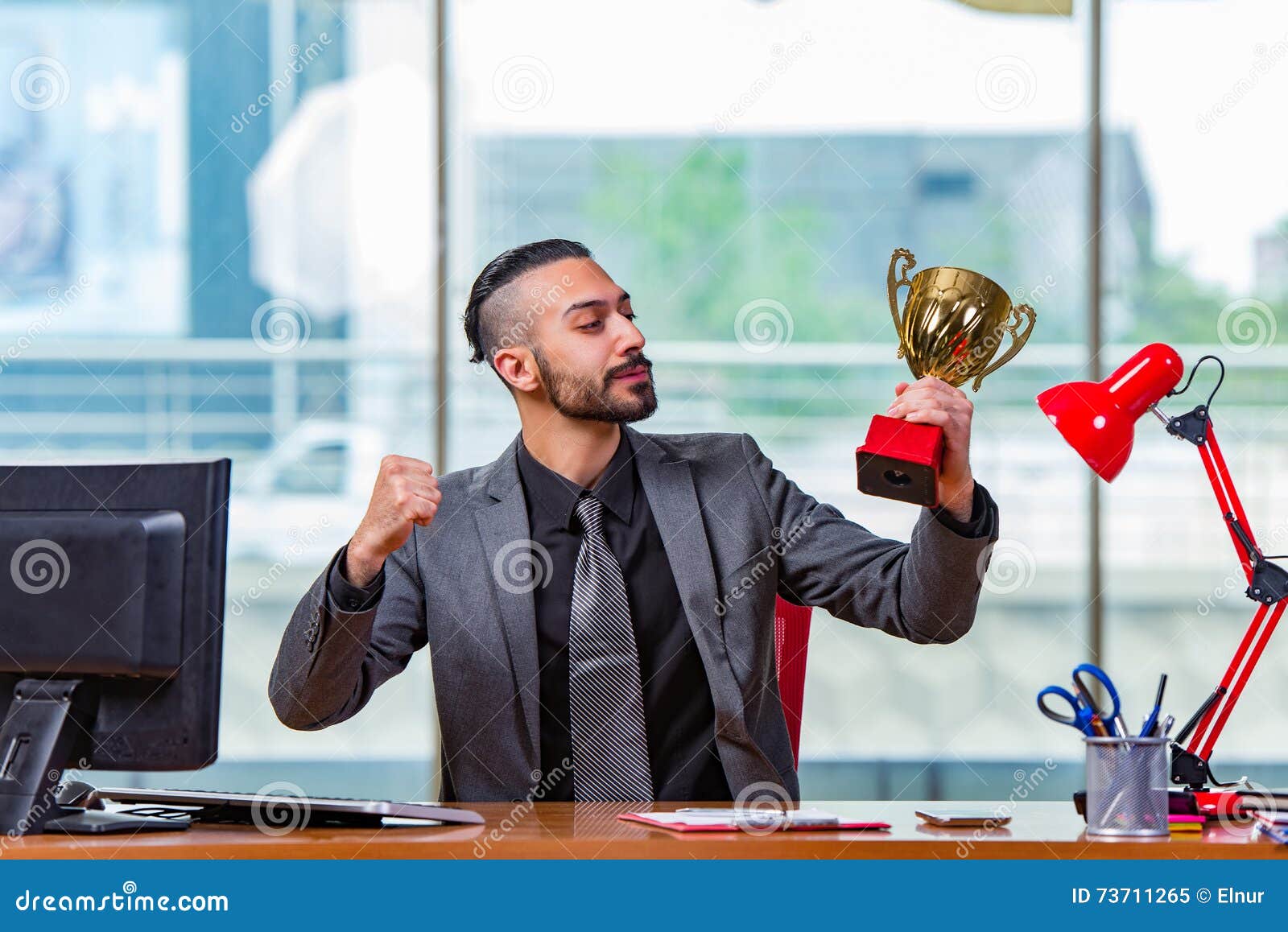 The Businessman Winning Cup Trophy in the Office Stock Image - Image of ...