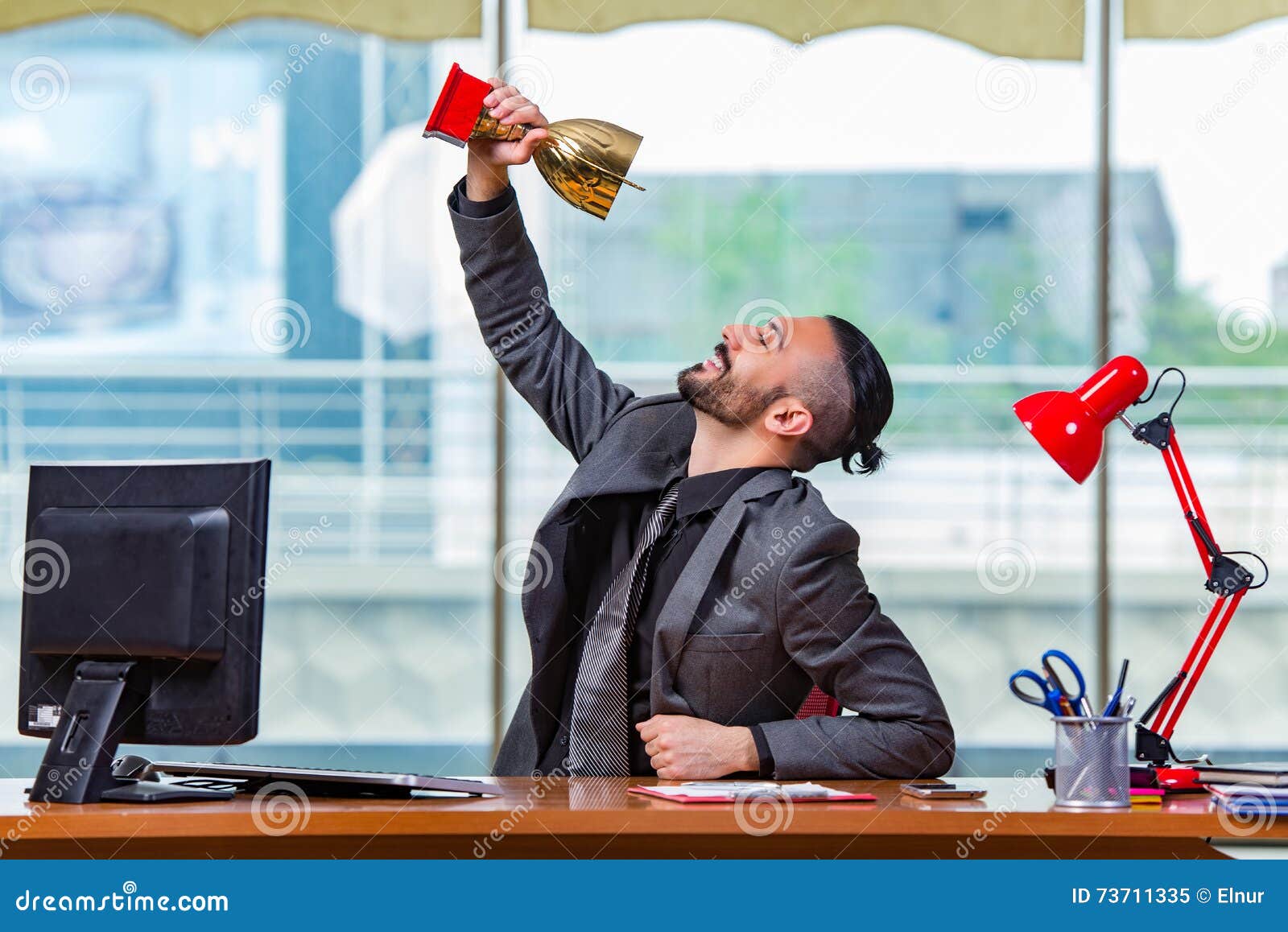 The Businessman Winning Cup Trophy in the Office Stock Image - Image of ...