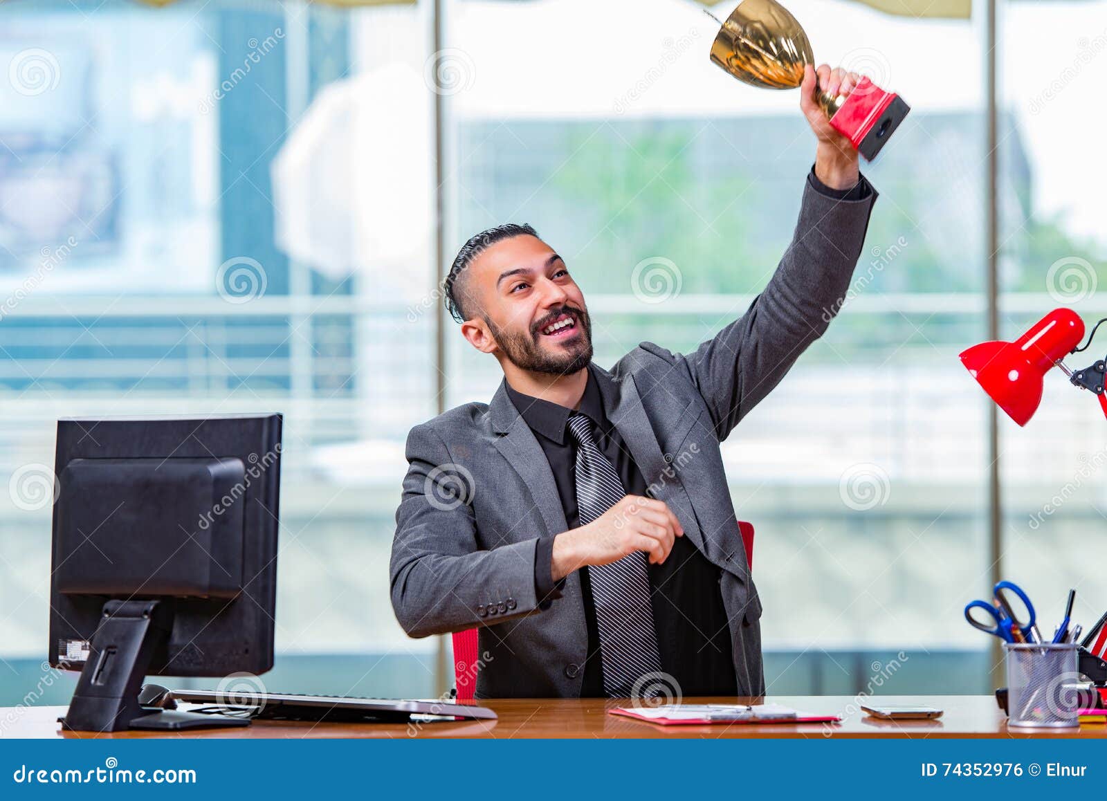 The Businessman Winning Cup Trophy in the Office Stock Photo - Image of ...