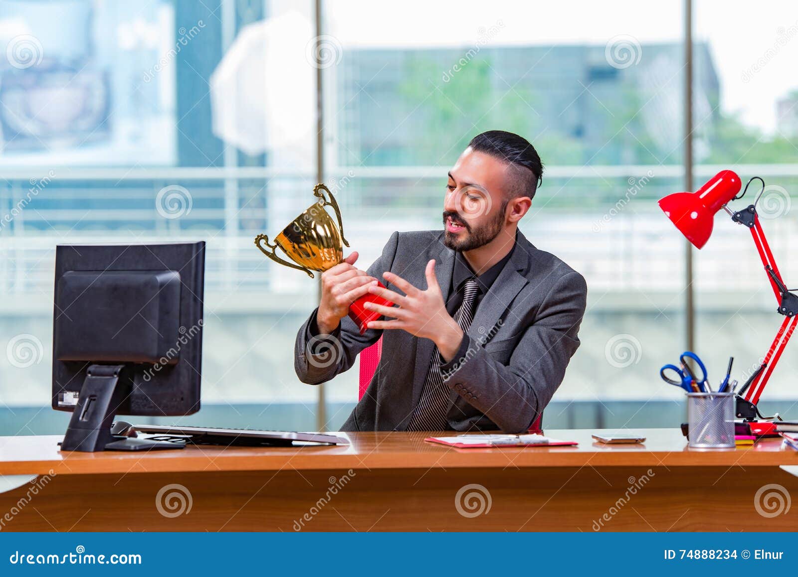 The Businessman Winning Cup Trophy in the Office Stock Photo - Image of ...