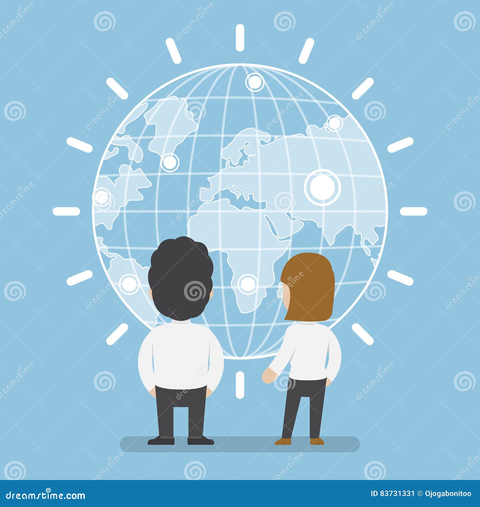 Businessman and Woman Standing in Front of Digital World Stock Vector ...