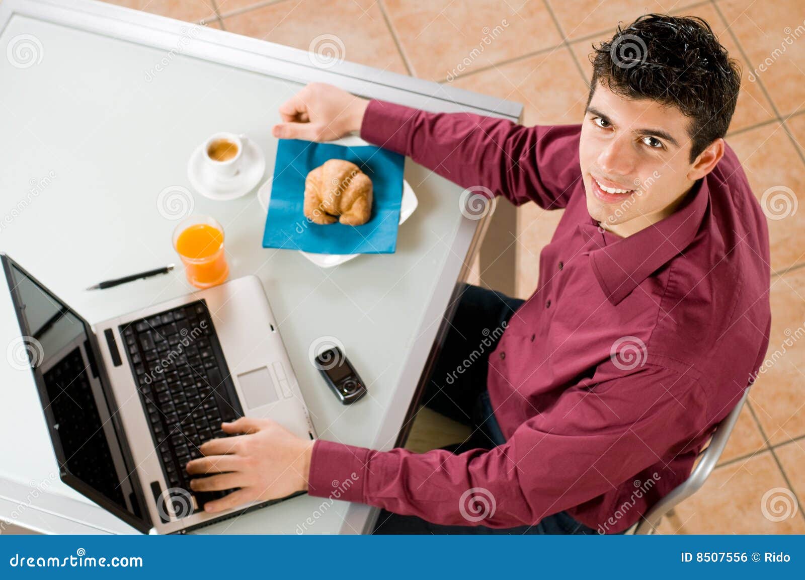 Businessman at Work with Breakfast Stock Photo - Image of computer ...