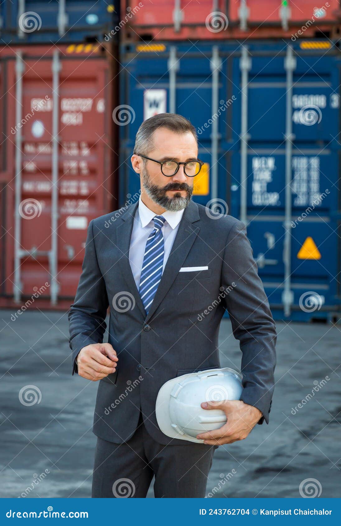 Businessman Work at Container Cargo Site Check Up Goods in Container ...