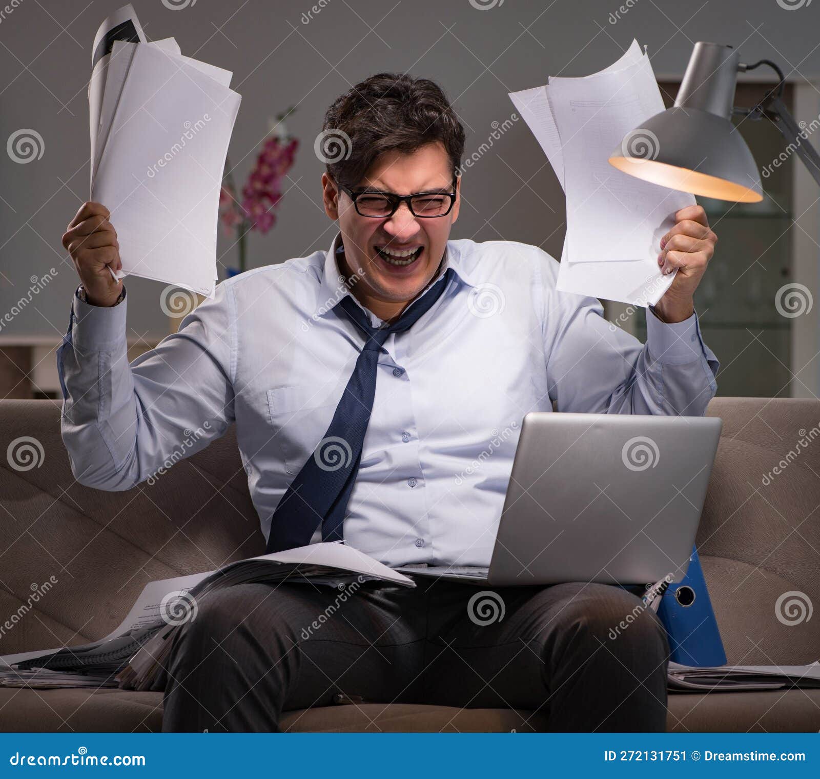 Businessman Workaholic Sit At The Computer Working Late At Night Yawn ...