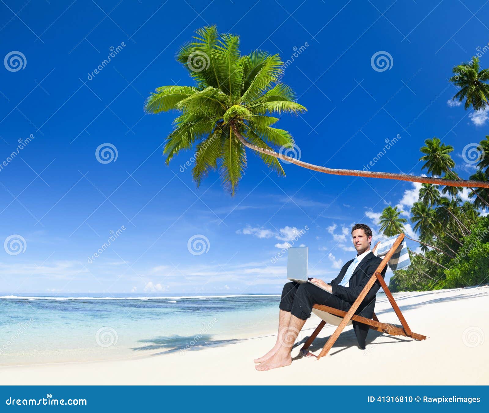 Businessman Working on the Beach with Laptop Stock Photo - Image of ...