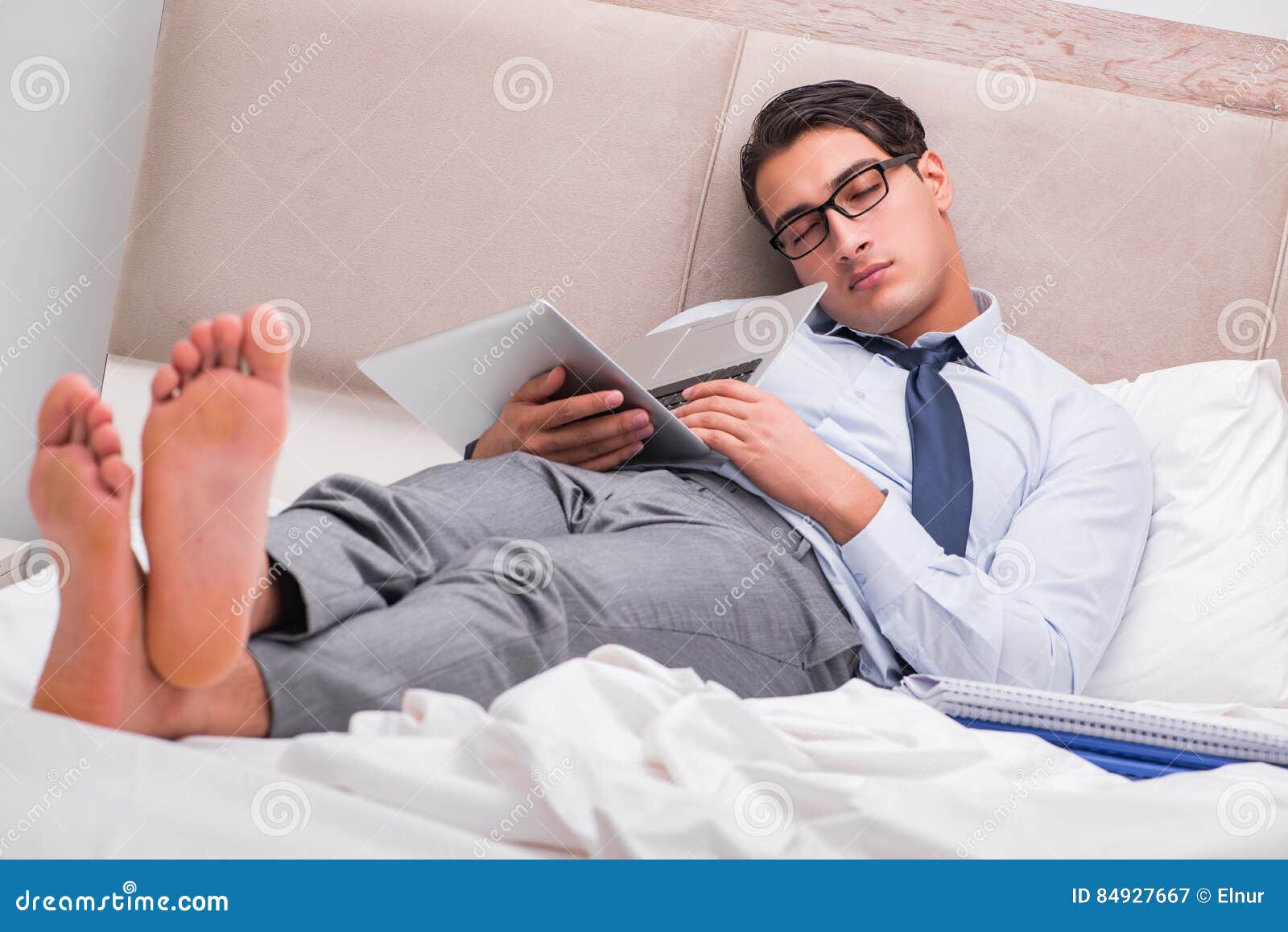 The Businessman Working in the Bed at Home Stock Image - Image of lying ...