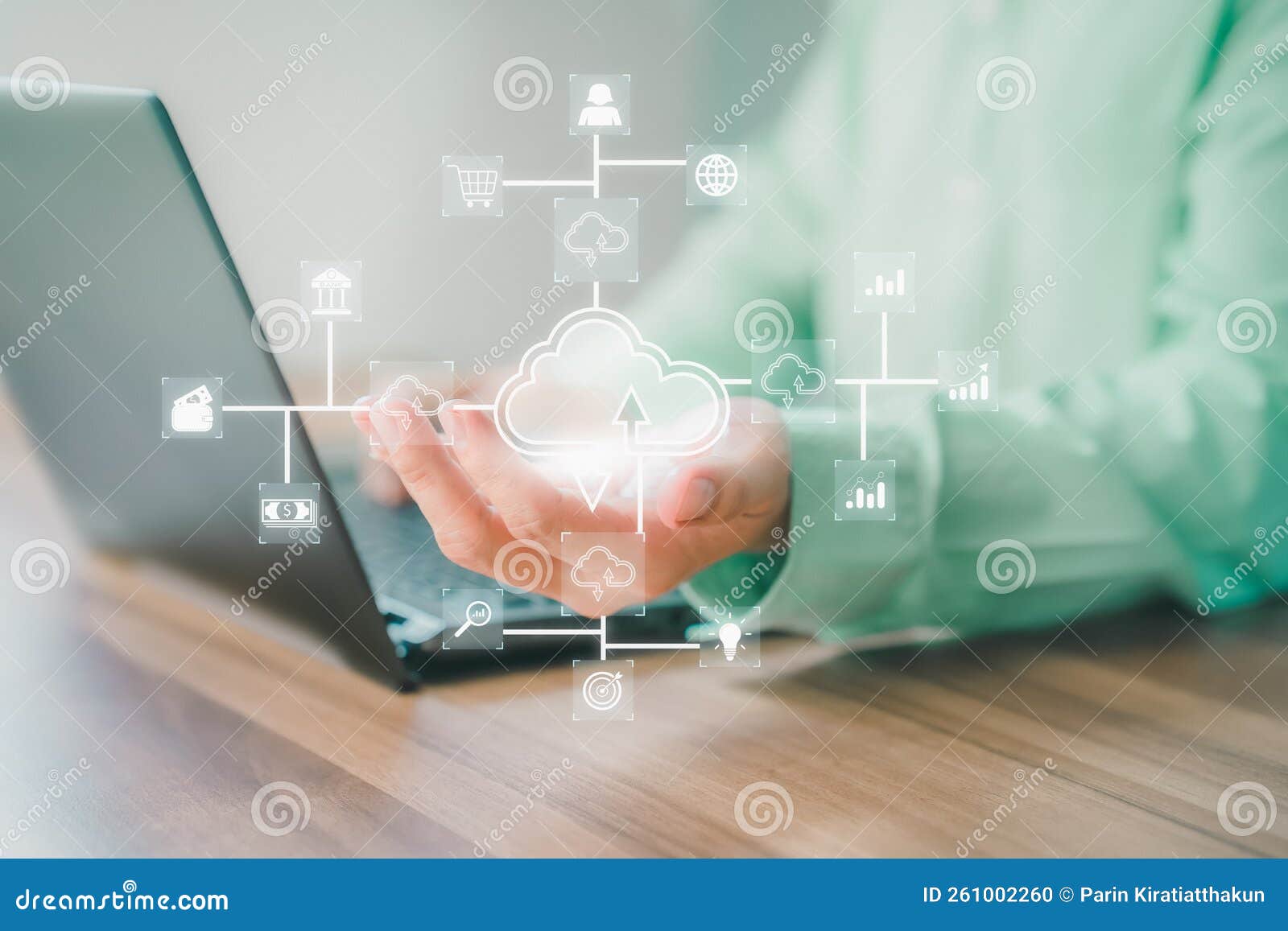 Businessman Working at Cloud Data Icon, Cloud Computing Diagram Show on Hand. Cloud Technology ...