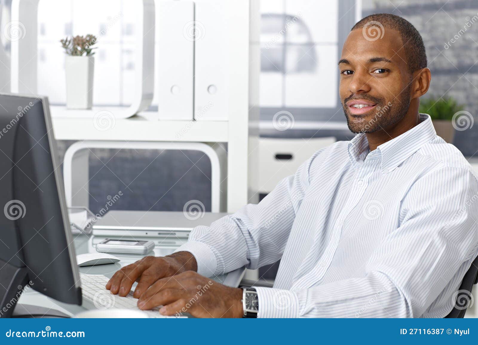 Businessman Working on Computer Stock Image - Image of indoor, afro ...