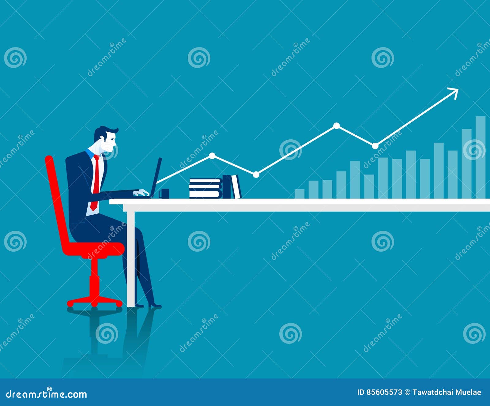 Businessman Working at Computer with Arrow and Chart Stock Vector ...