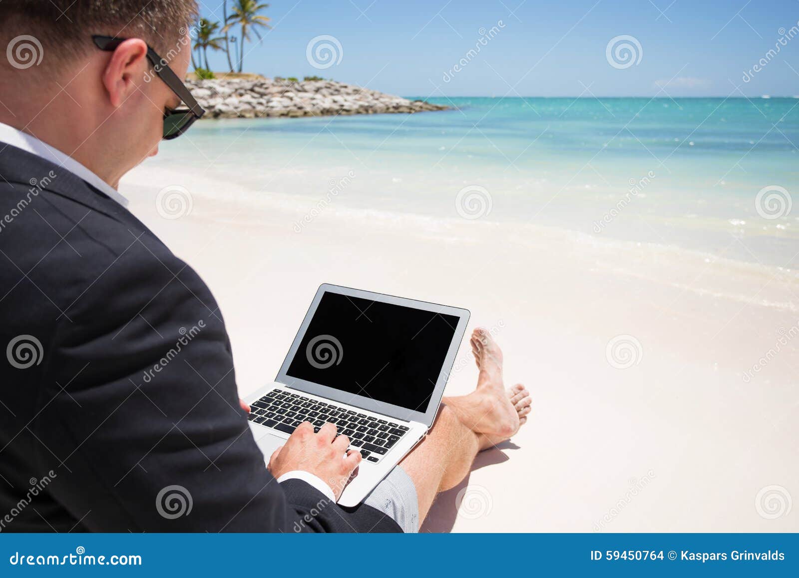 Businessman Working with Computer on the Beach Stock Photo - Image of ...