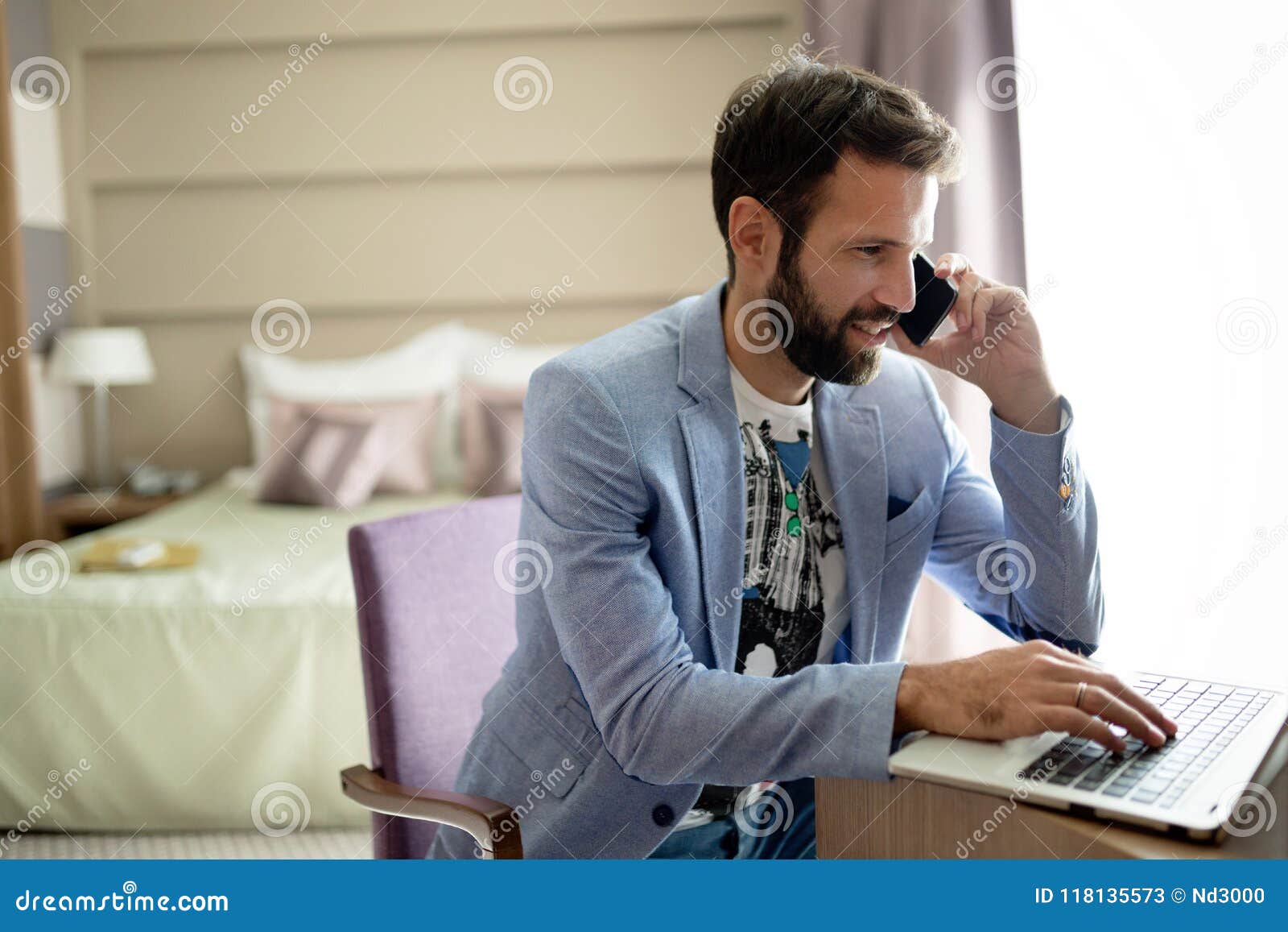 Businessman Working on Computer in Hotel Room Stock Image - Image of ...