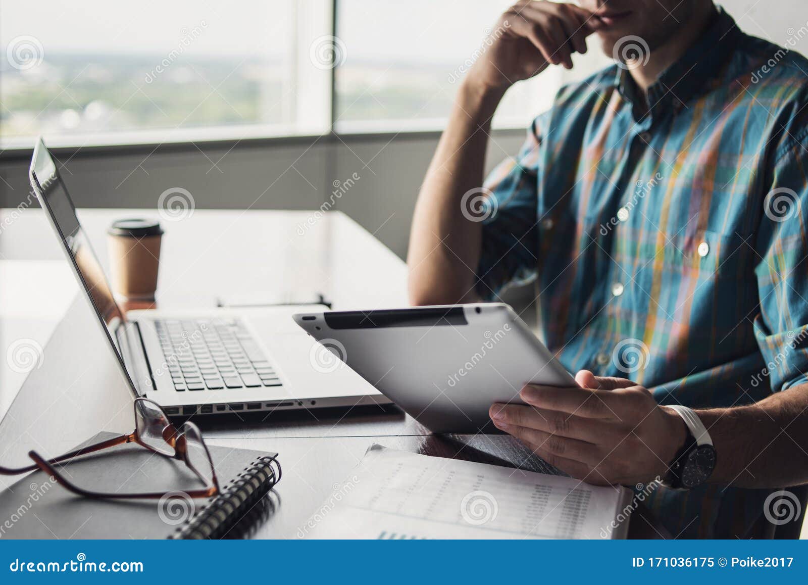 Businessman Working on Computer. Men Using Digital Tablet and Laptop in ...