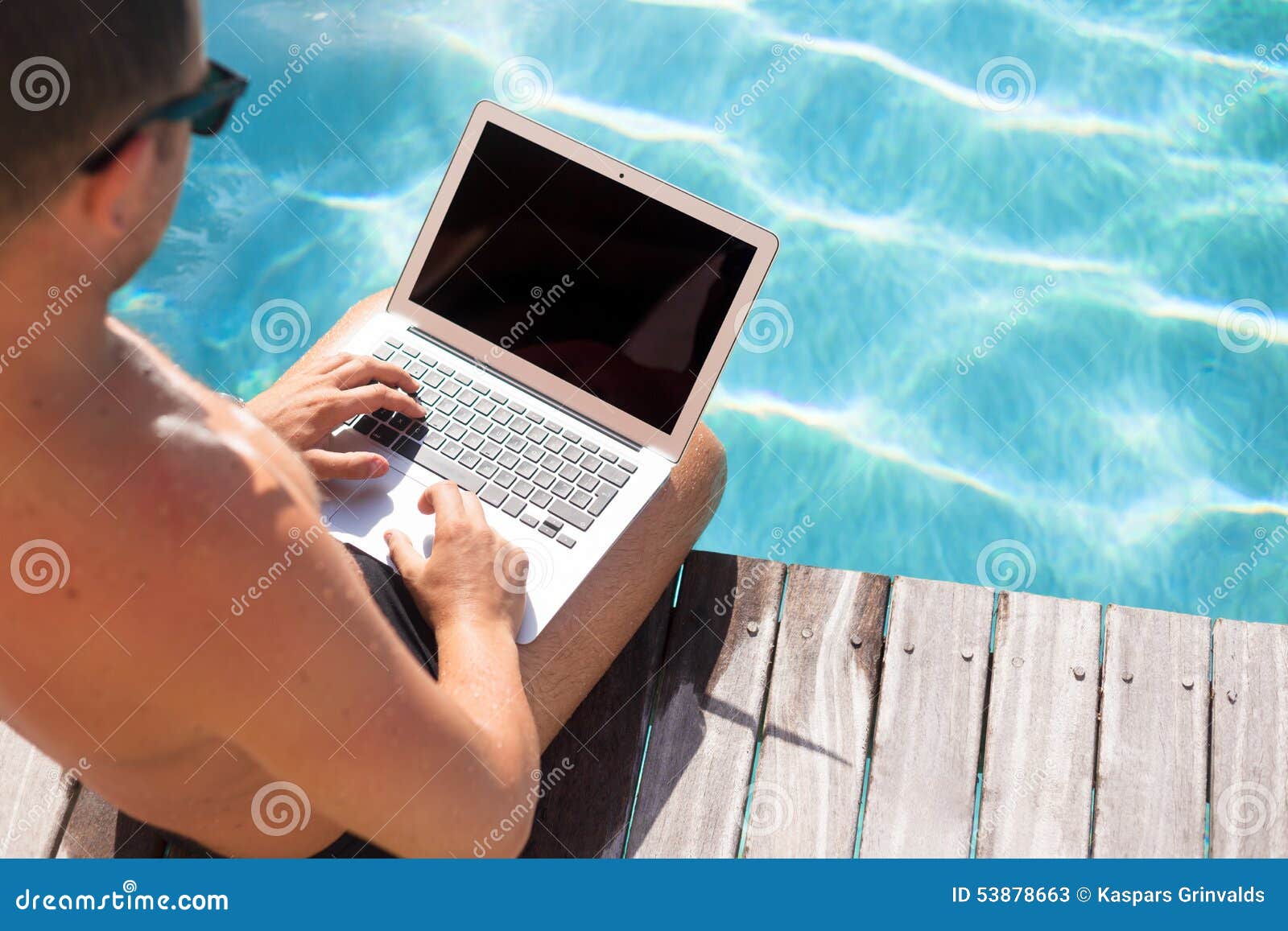 Businessman Working with Computer by the Pool Stock Image - Image of ...