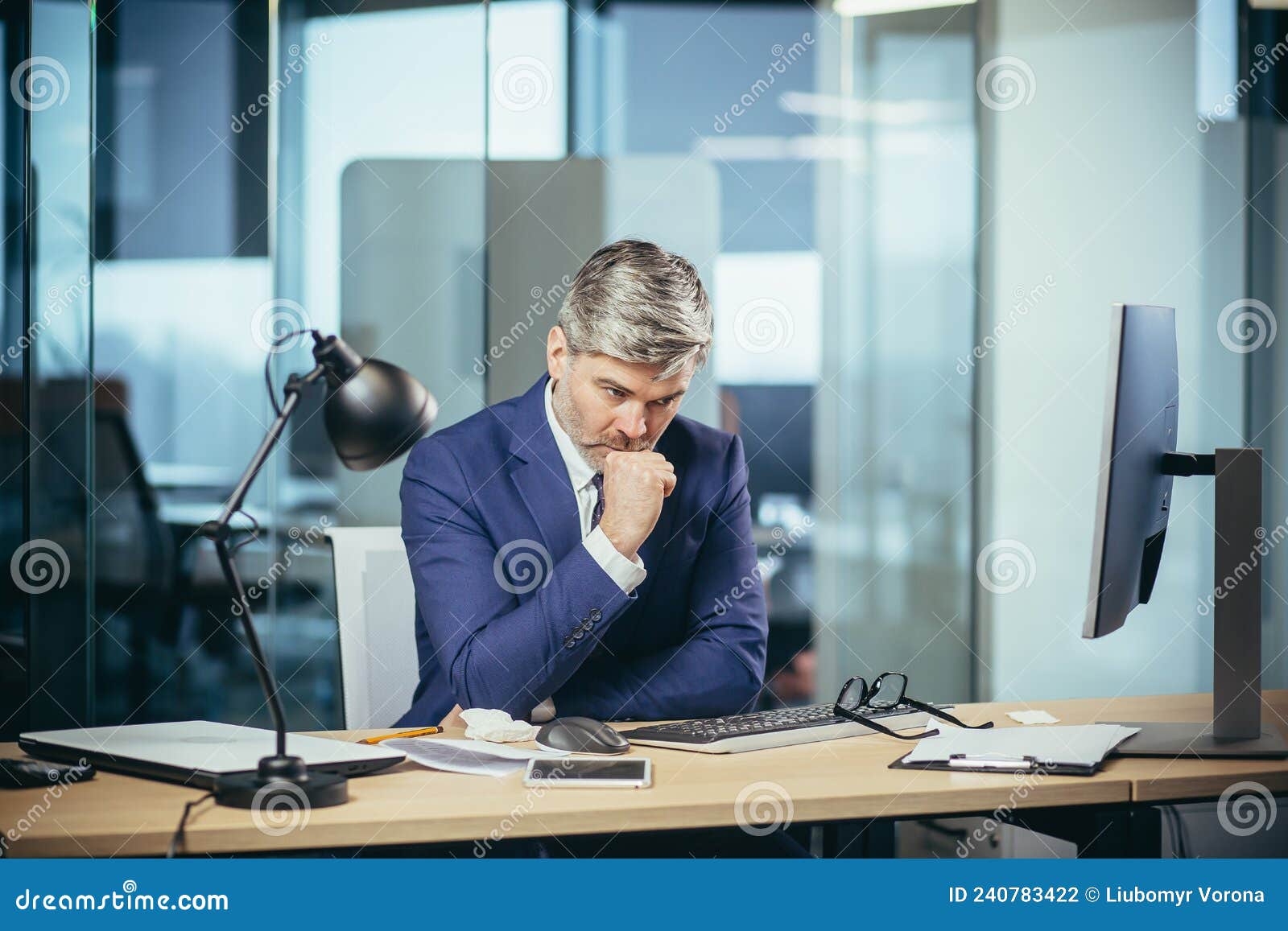 Businessman Working at Computer, Sick Man Coughing at Work Stock Photo ...