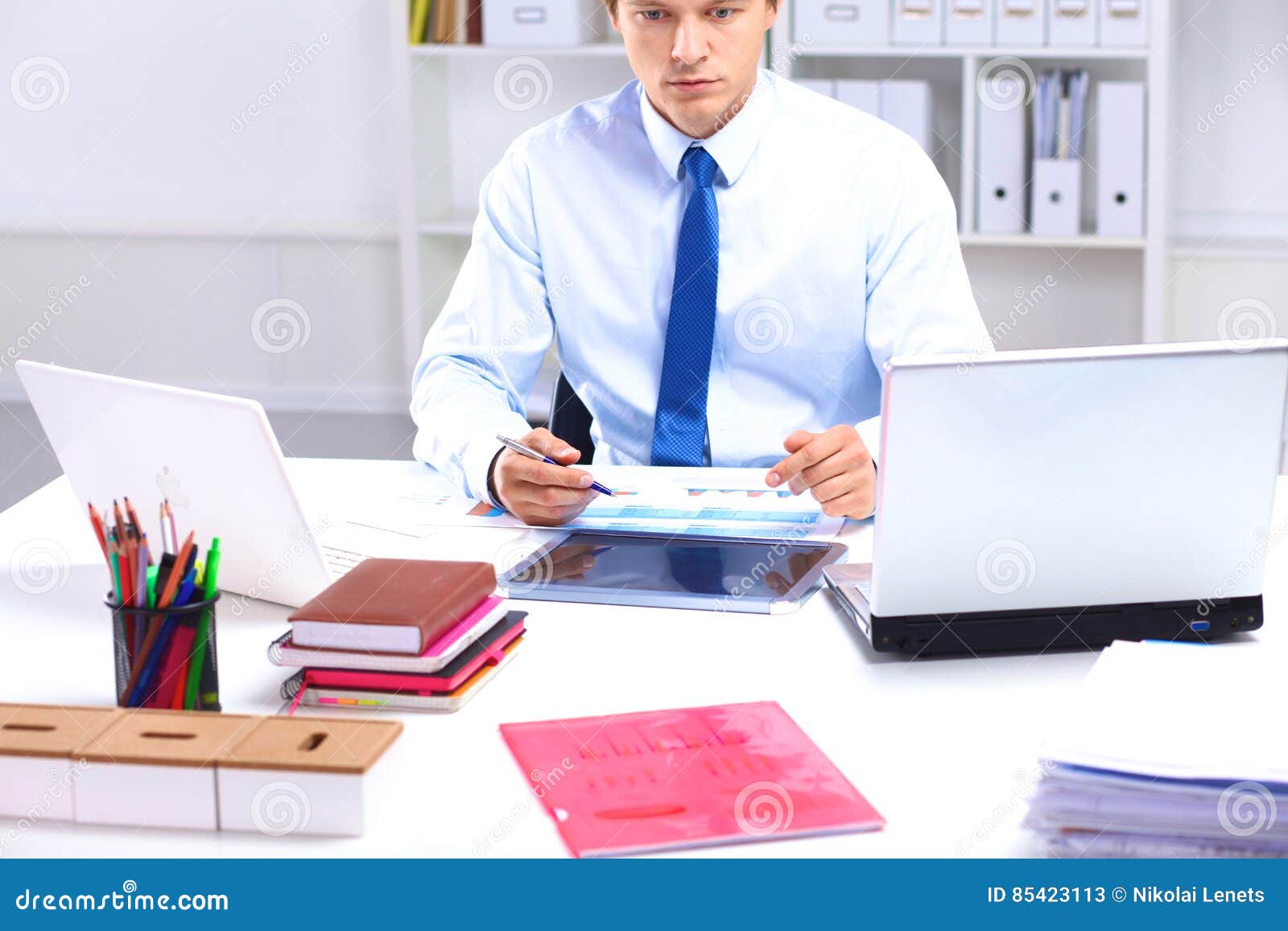 Businessman Working at a Desk Computer Graphics Stock Image - Image of ...