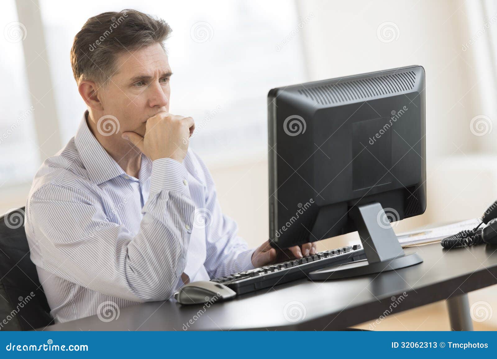 Businessman Working on Desktop Pc in Office Stock Image - Image of hand ...