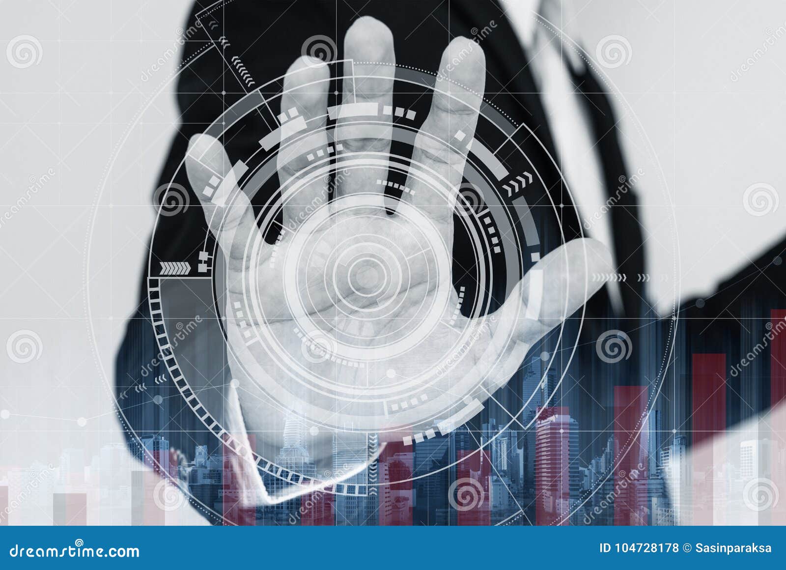 Businessman Working on Digital Virtual Interactive Screen, with Raising ...