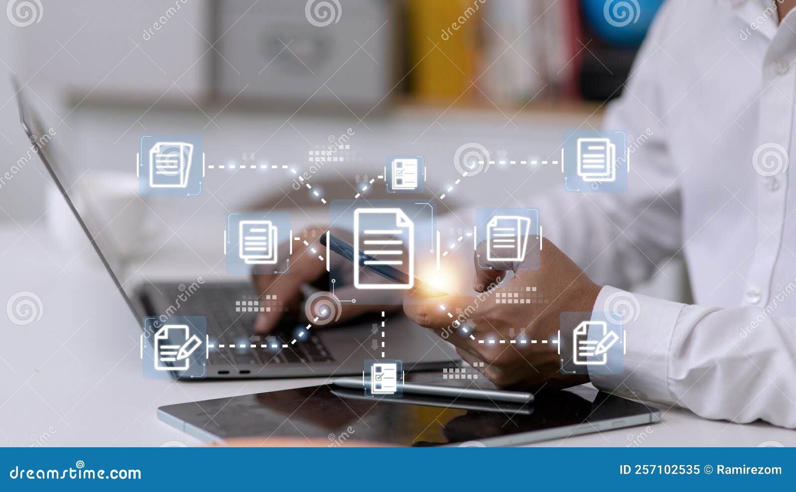 Businessman Working with Electronics Document Icons, E-document ...